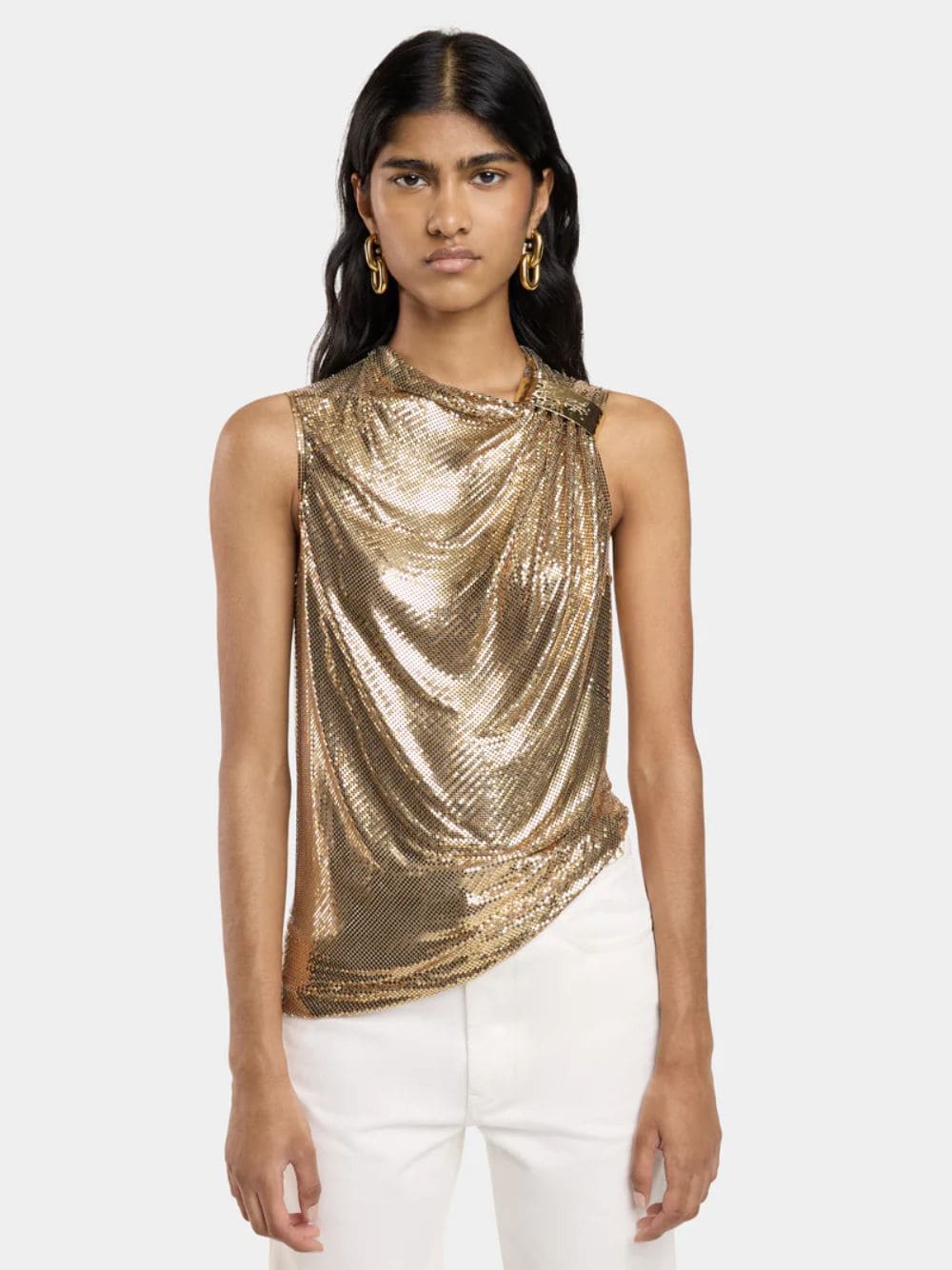 Rabanne Asymmetrical Draped Gold Mesh Top | Fashion Clinic