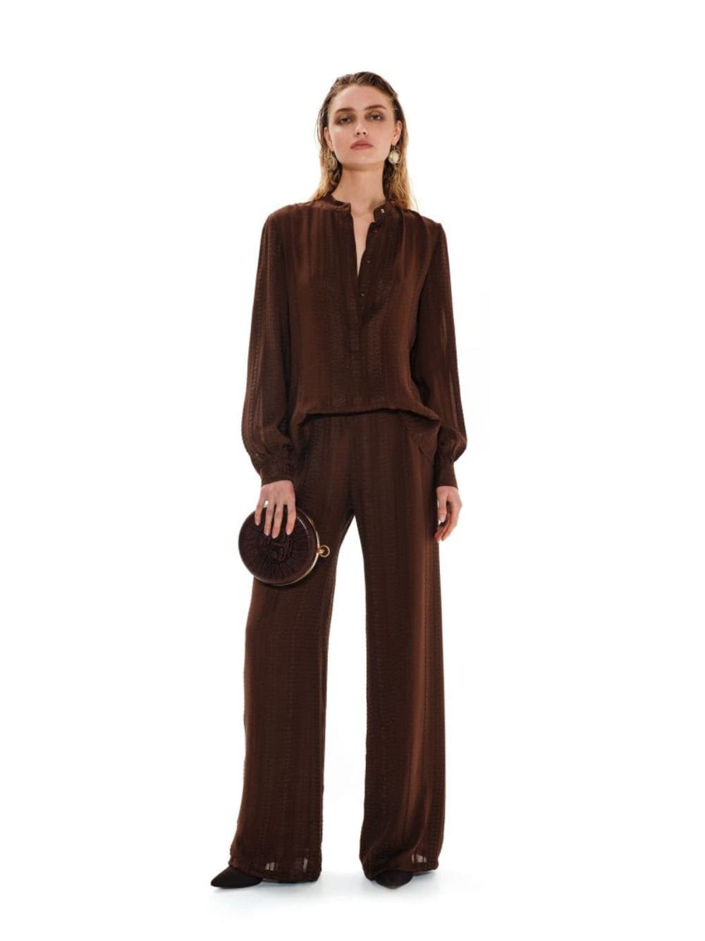 Zeus+Dione Brown Hera Textured Silk Mao Collar Blouse | Fashion Clinic