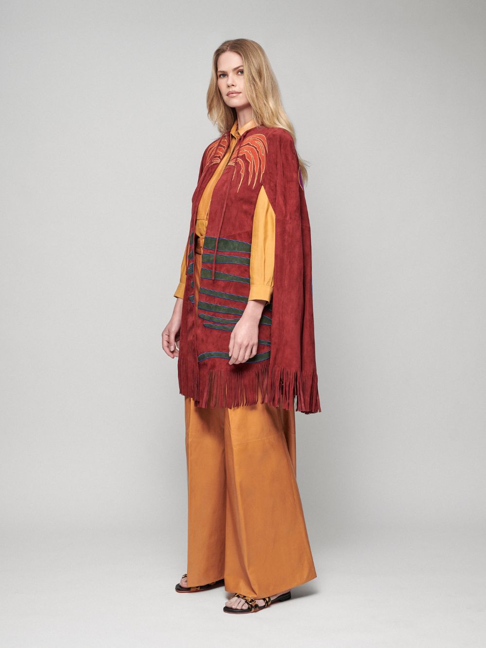 Paula Talia Suede Cape With Embroidered Patches | Fashion Clinic